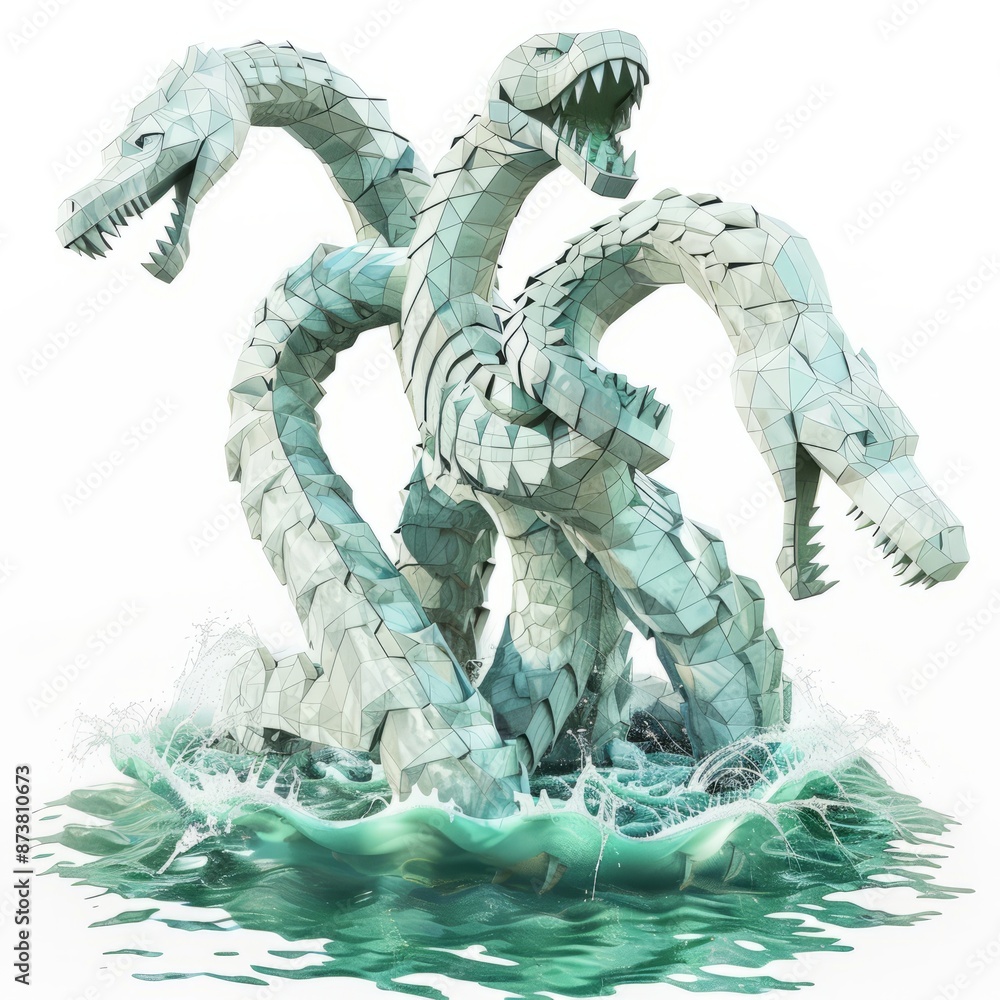 3D Render, Low Poly style of a serpentine hydra with multiple heads ...