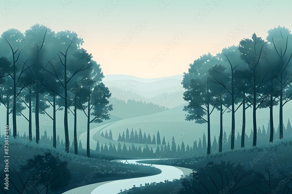 A flat design illustration of a minimalist forest with tall, stylized ...