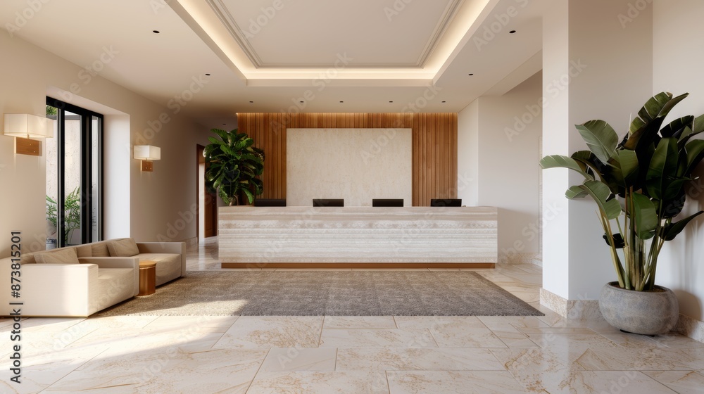 Cozy hotel lobby with a booking desk, welcoming atmosphere, plush ...