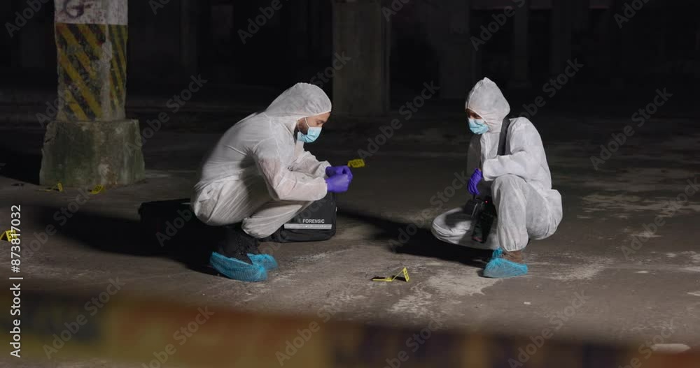 Crime scene, forensic specialist and people with swab, night or collect ...
