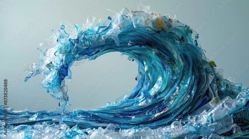 Abstract artwork of swirling ocean waves made from recycled plastic ...