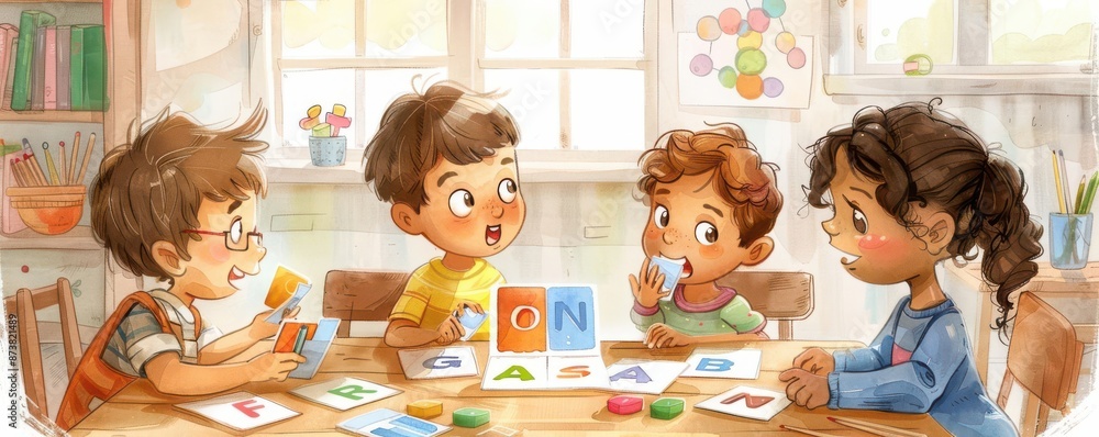 Kids in a classroom setting, using alphabet flashcards, cheerful and ...