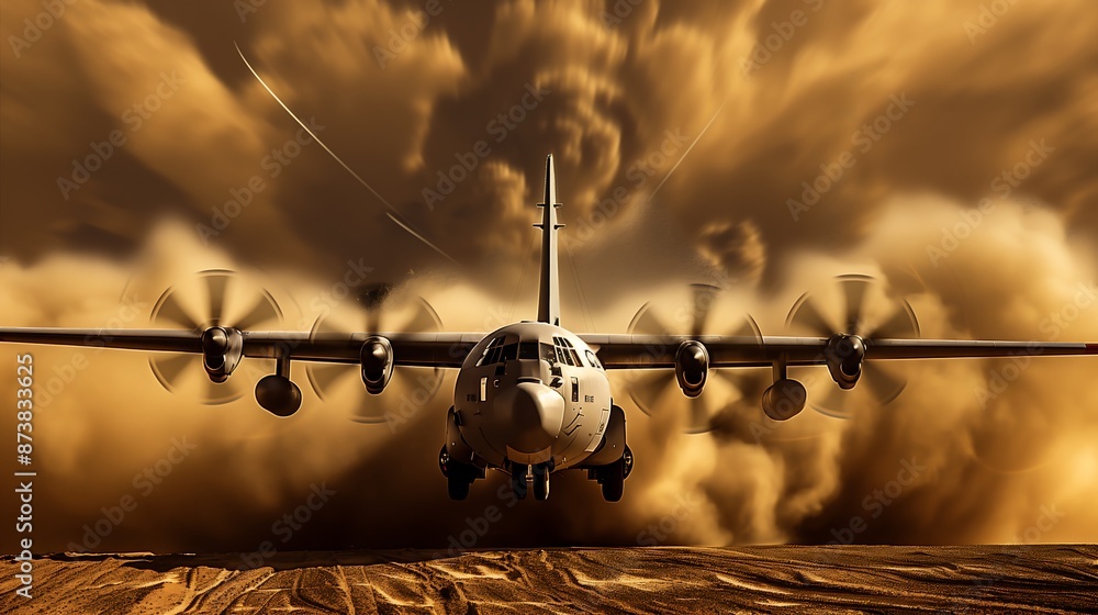 Military cargo plane taking off in a desert environment with dust ...
