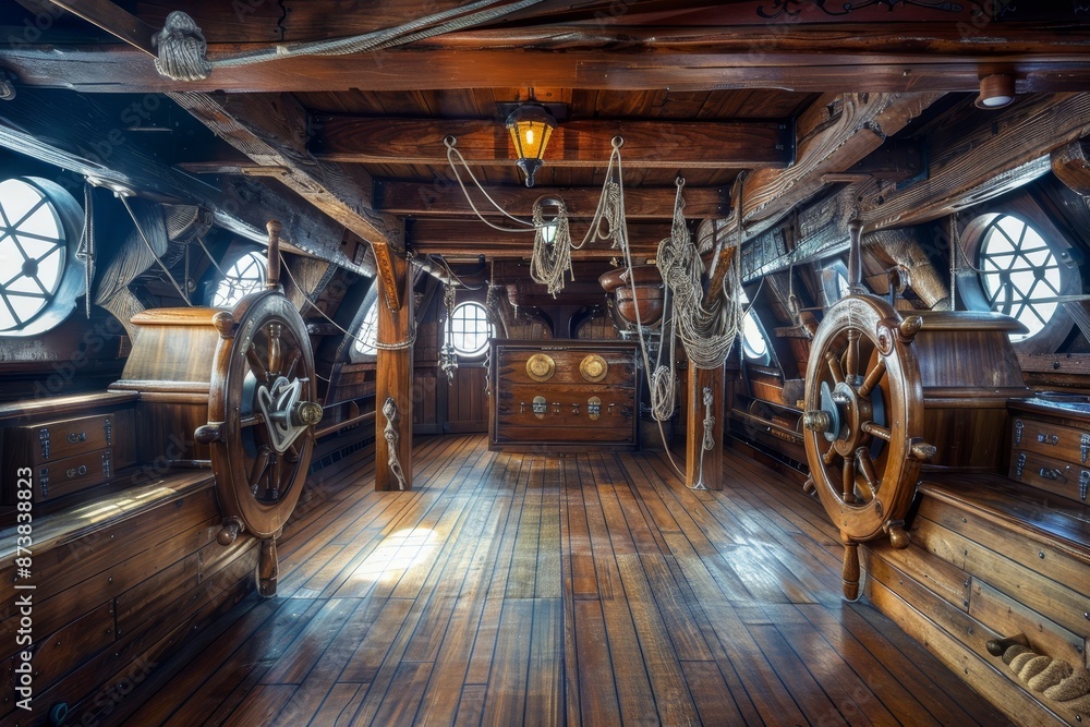 Interior of a room filled with wooden floors and windows, An old ...