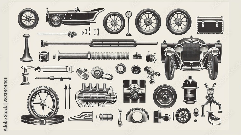 Monochromatic vintage car components collection, featuring automobile ...