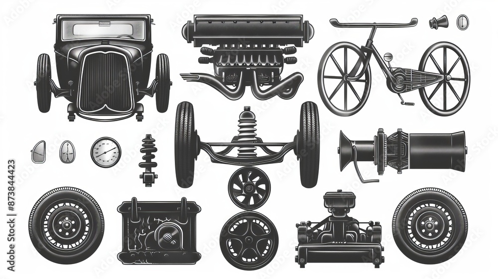Monochromatic vintage car components collection, featuring automobile ...
