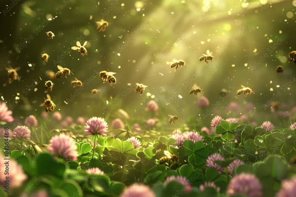 Bees buzzing around a blooming clover field, Bees buzzing around a ...