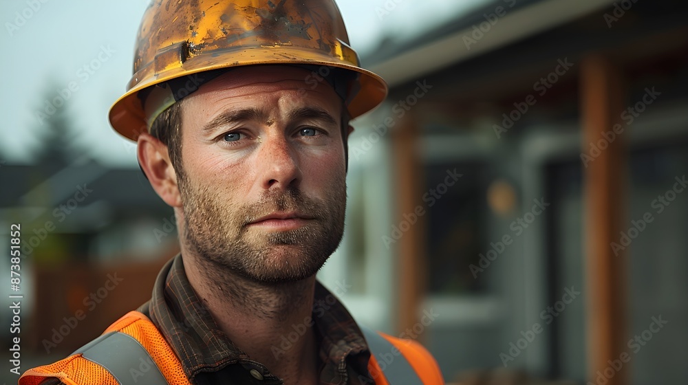 a construction worker gearing up for the day, donning a hard hat and ...