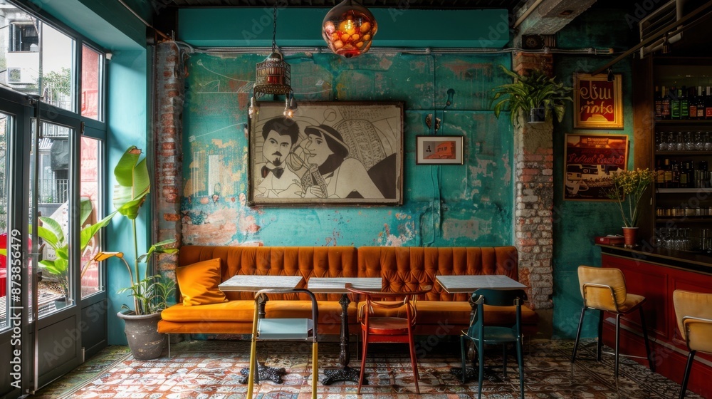 An eclectic coffee shop interior features bold creativity, blending ...