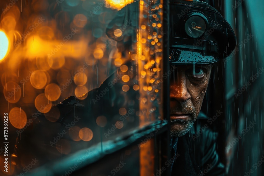 Lone train conductor gazing out the window of a moving train. Stock ...