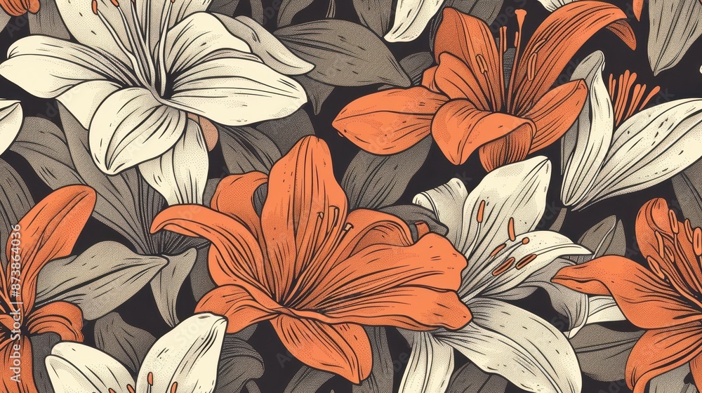 Seamless Tileable Floral Pattern with Orange and White Lilies on ...