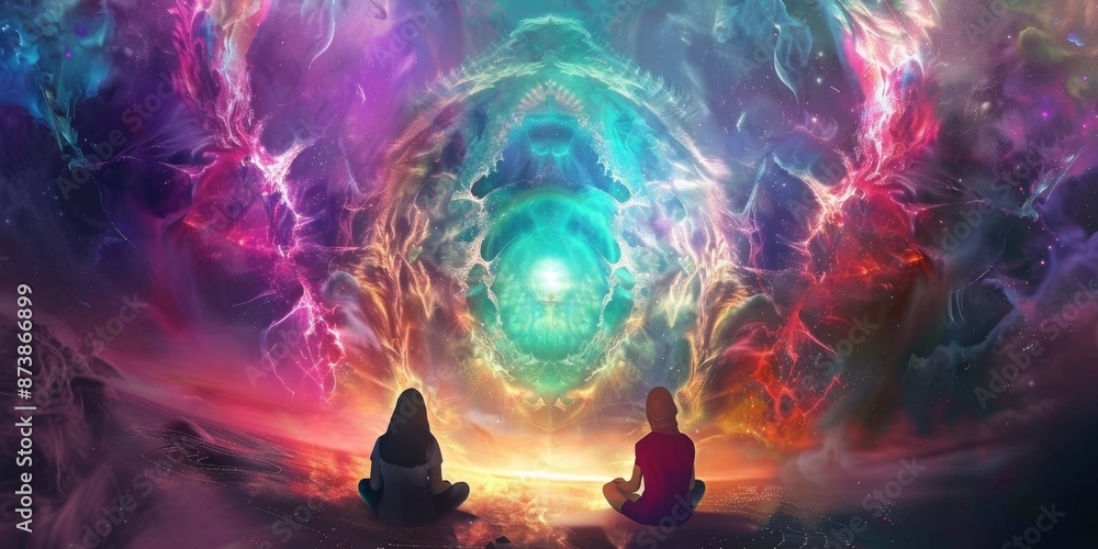 DMT or LSD trip into the realm with spirits and other worldly scene ...