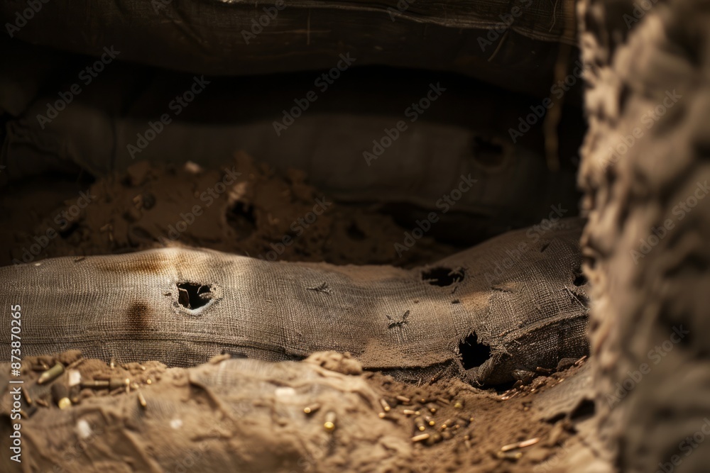 Convey the realism of warfare with bullet holes embedded in a sandbag ...