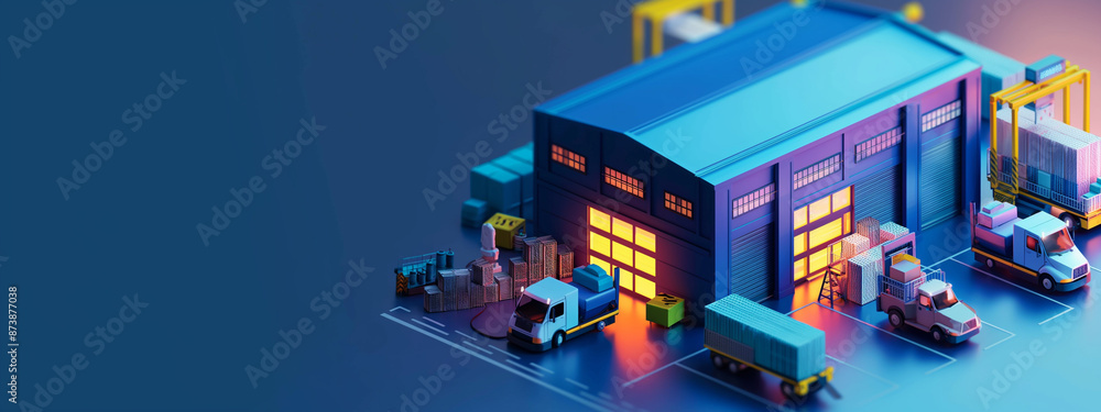Modern warehouse facility with trucks and cargo containers on a digital ...