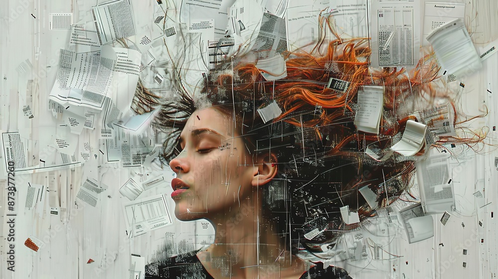 Young woman with a mess in her head from documents, contemporary art ...