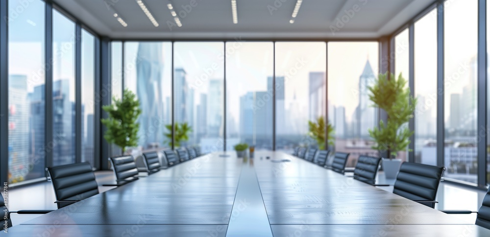 Modern office conference room with large windows, city skyline view ...