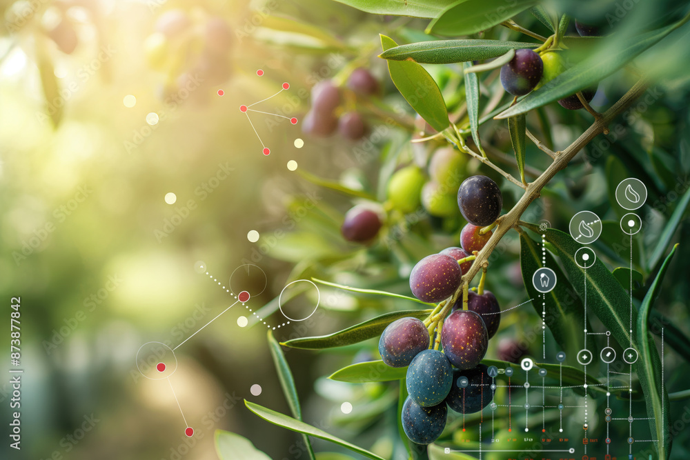 Olive branch with multicolored olives and scientific data overlays in a ...