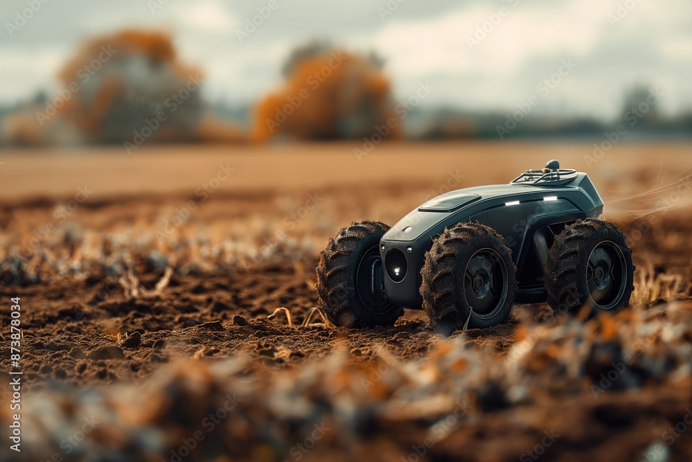 Autonomous agricultural robot tilling soil in a field on an overcast ...