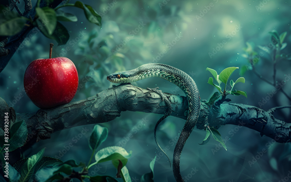 Snake in a apple tree next to a red apple representing original sin ...