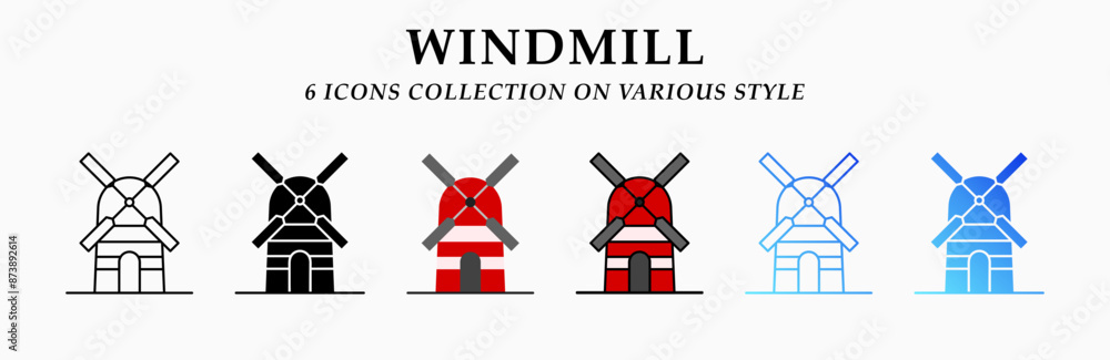 Windmill icons collection. 6 Various styles. Lineal, solid Black, flat ...