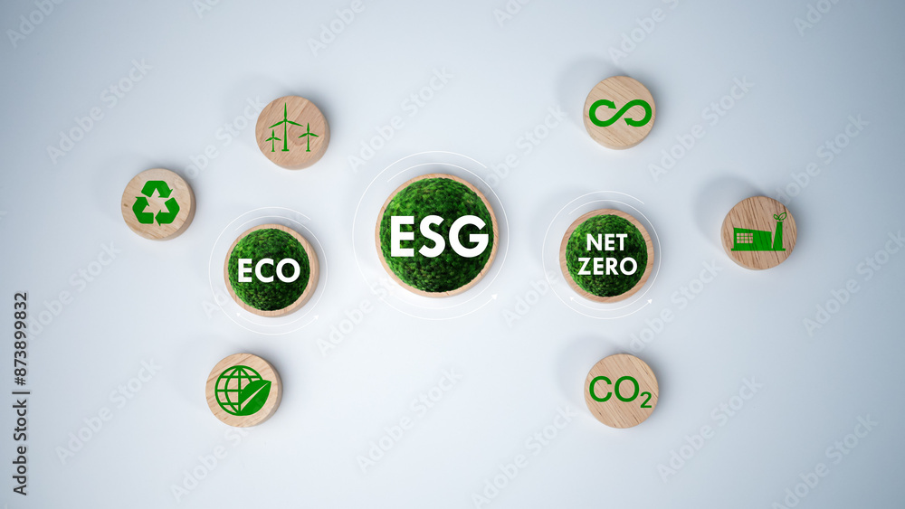 A circular wooden board with the abbreviation ESG and ECO and NET ZERO ...