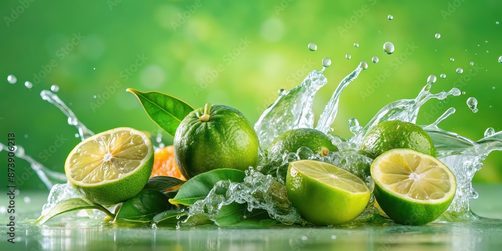 Calamansi fruit with water splash on light green background, refreshing ...