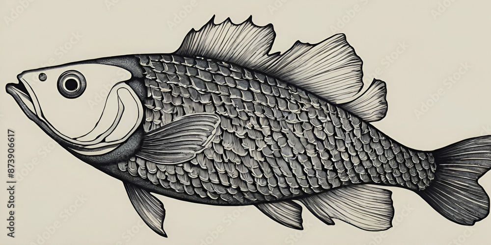 AI-Generated Ink-Only Line Drawing of a Fish with Detailed Scales and ...