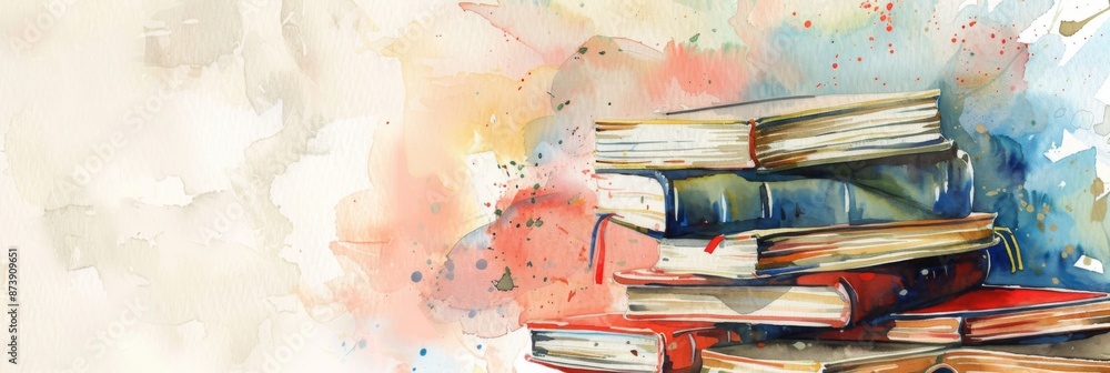World Book Lovers Day. Horizontal banner. Stack of books. Watercolor ...