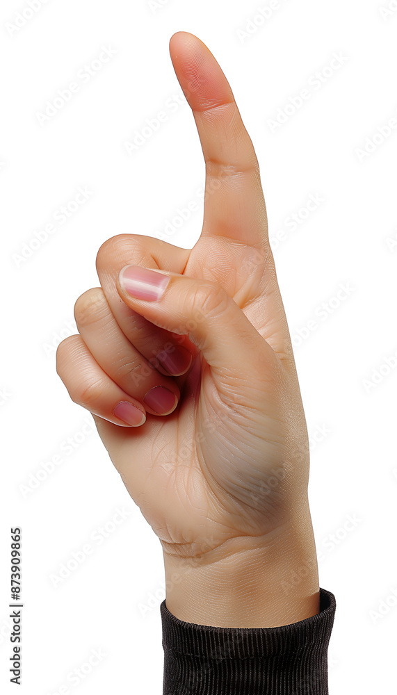 A close-up image of a human hand making a pointing upwards gesture with ...