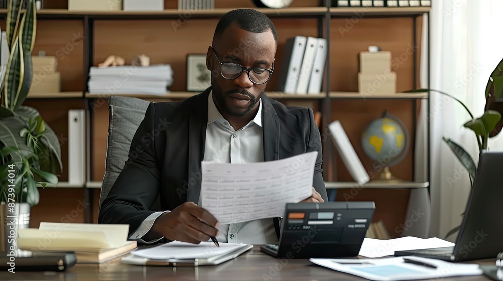 Corporate treasurer reviewing financial documents focused on cash flow ...