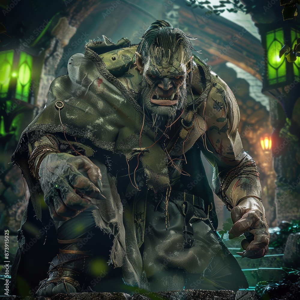 a huge, muscular, brutish man with a beastly appearance and mottled ...