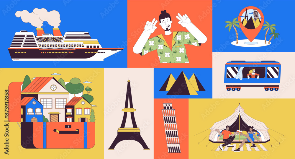 Tourists attraction travelers bento grid illustration set. Railway sea ...