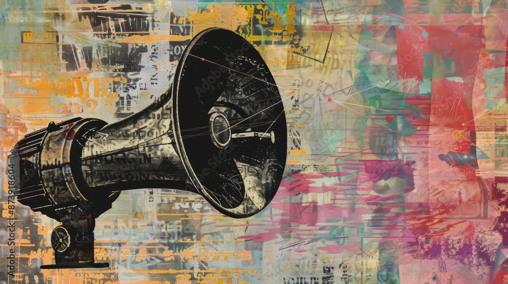 Dynamic megaphone collage with digital icons and technology symbols on ...