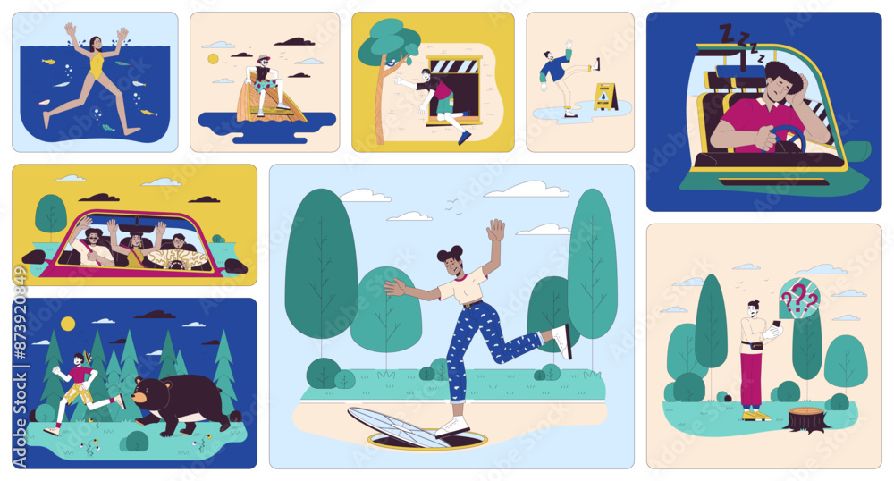People in dangerous situations bento grid illustration set. Accidents ...