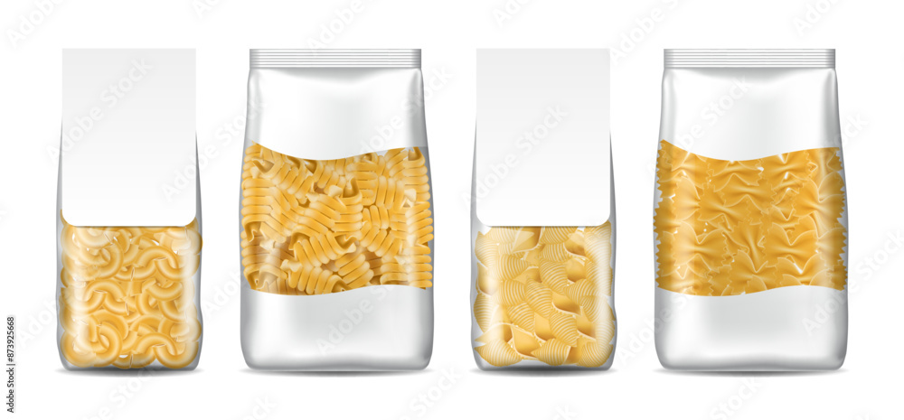 Spaghetti package set. Different types noodles in cellophane packaging ...