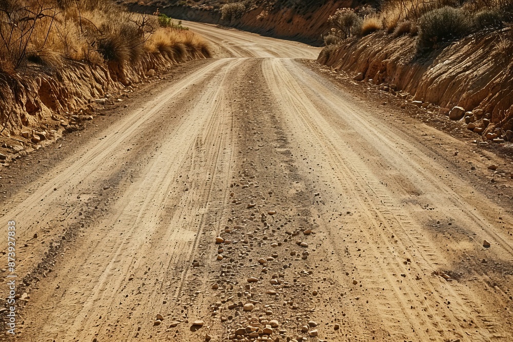 Dusty, unpaved road stretches through a dry desert environment under the bright sunlight Stock ...