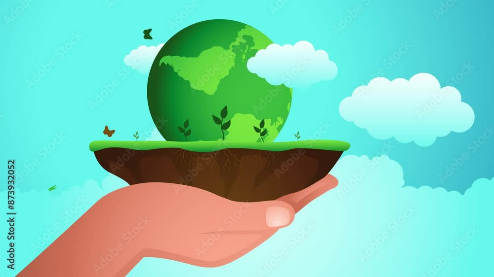 Hand holding a clump of soil with a young tree and planet Earth above ...