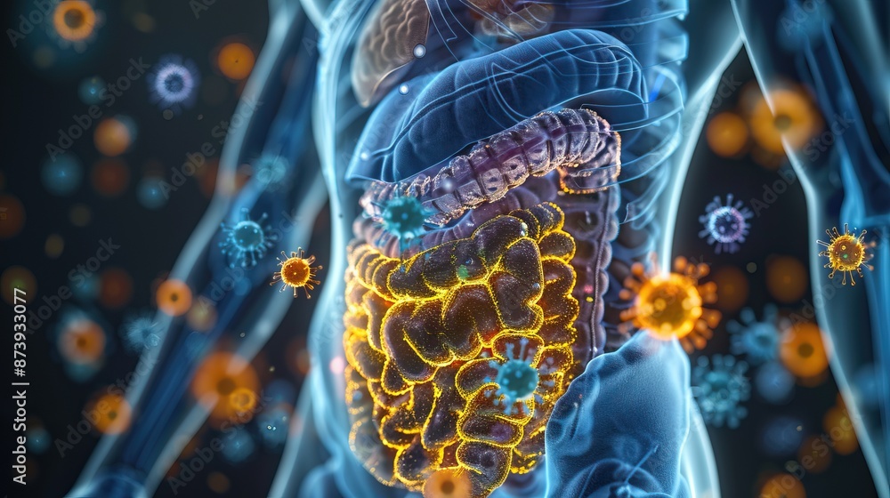 3D illustration of human digestive system with highlighted intestines ...