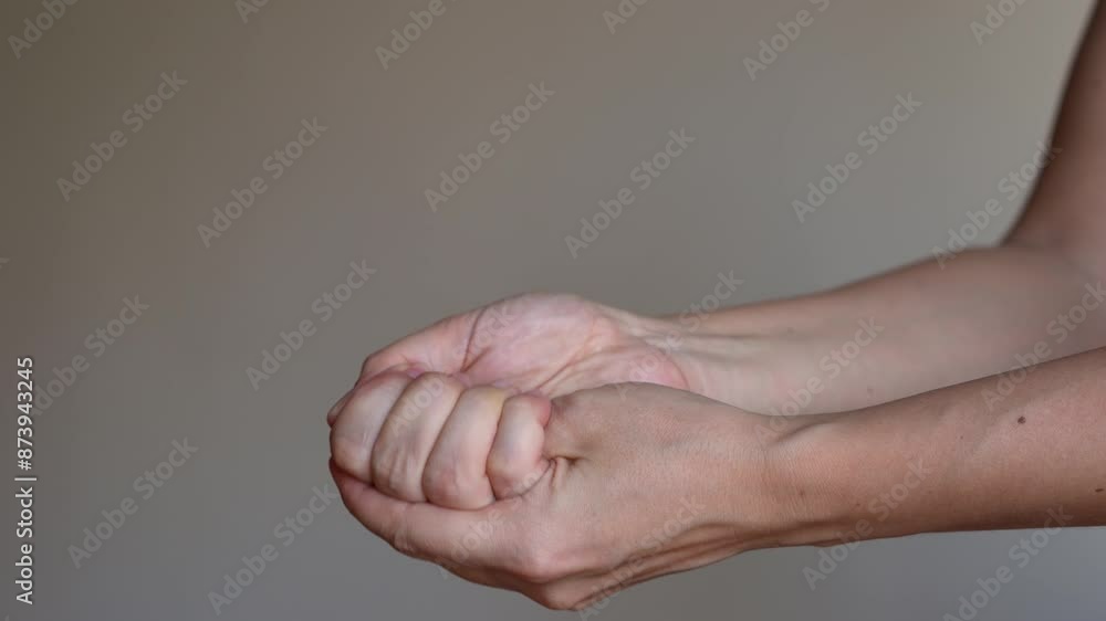 Young woman flexing fingers in her hand on a beige background. Numbness ...