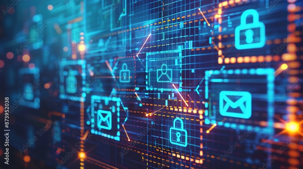 Digital artwork of secure email inbox interface with overlay icons ...