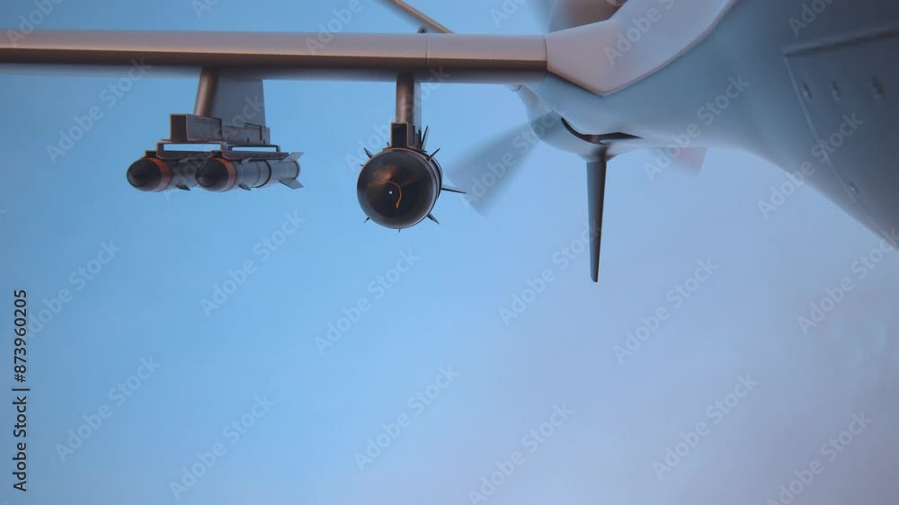 A military drone that hunts prey at night With its missiles installed ...