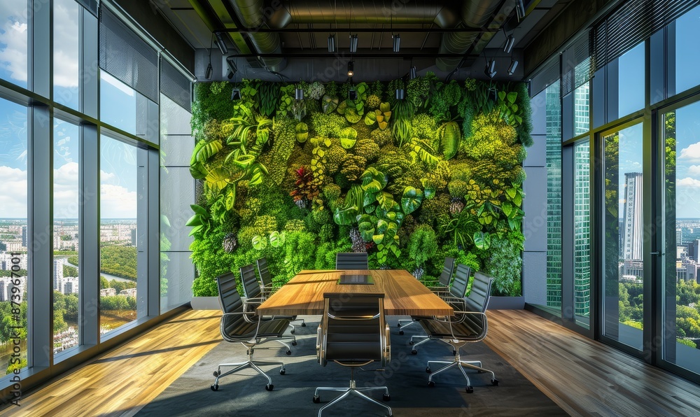 A modern eco-friendly boardroom featuring a long conference table ...