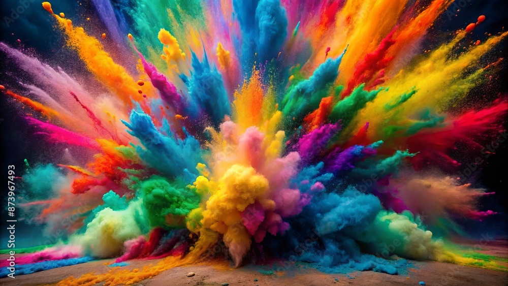 Vibrant, mesmerizing explosion of colorful rainbow powder bursts in mid ...