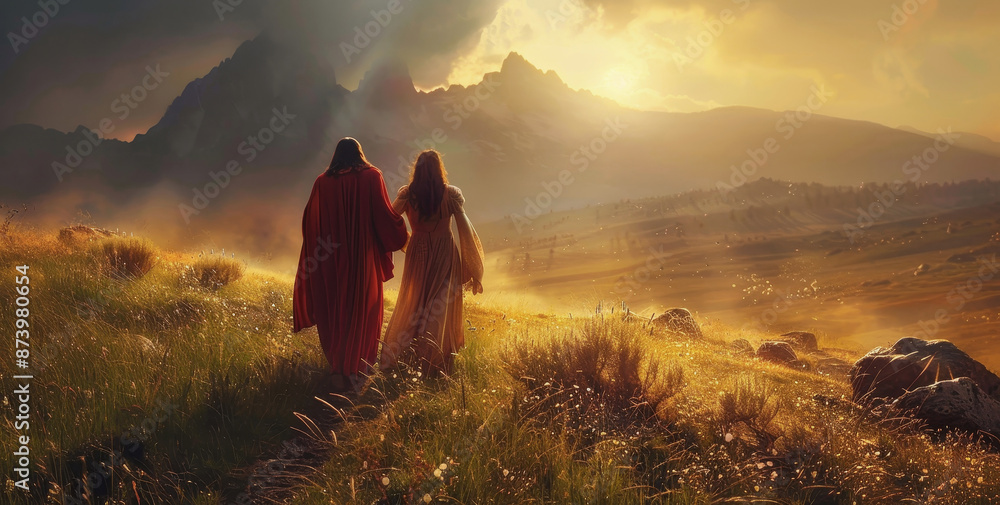 Jesus walking with Mary Magdalene in a serene landscape during sunset ...