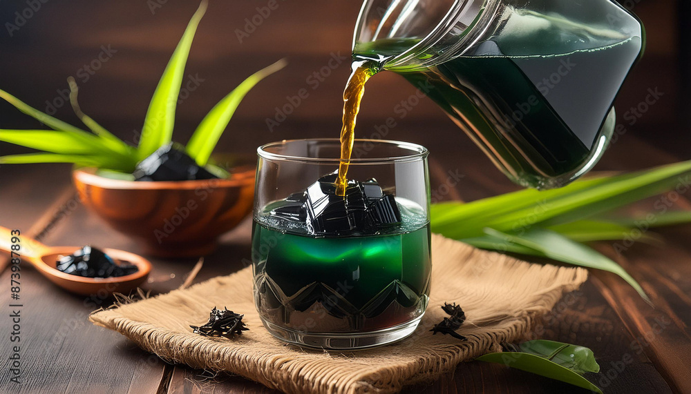 Pour Liquid Palm Sugar into Green Grass Jelly Drink or Green Cingcau ...