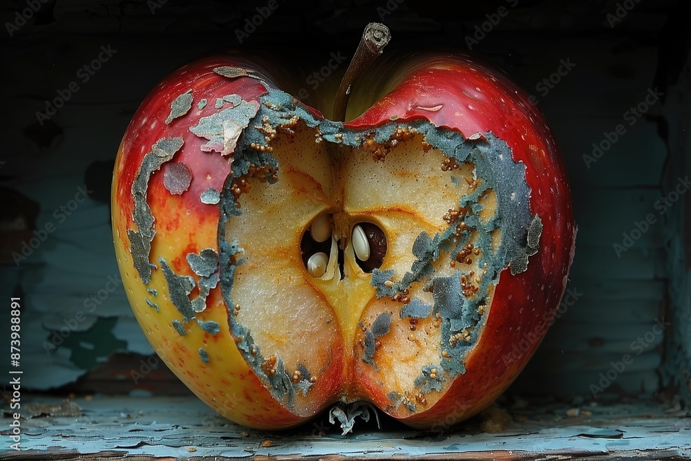 An apple with a section cut away to reveal a cluster of bacteria and ...