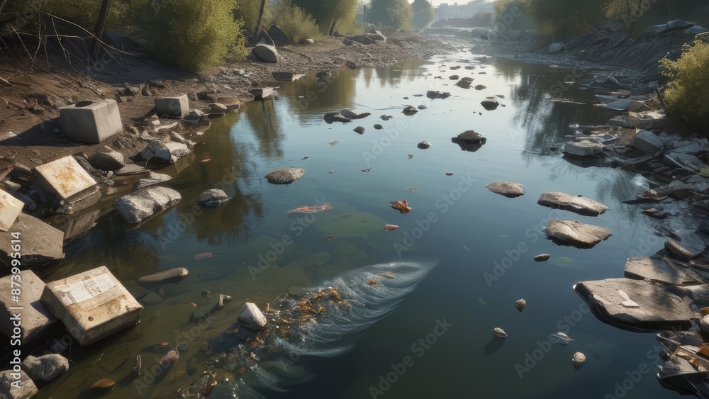 Detailed shot of a polluted river with floating debris and discolored ...