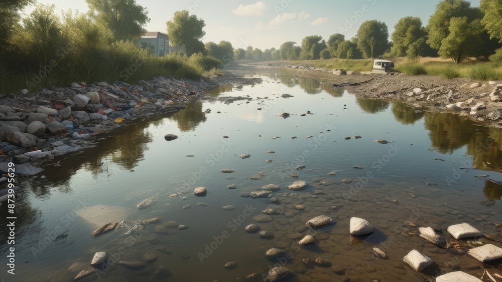 Detailed shot of a polluted river with floating debris and discolored ...