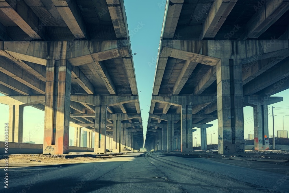Perspective view under a city bridge with towering concrete pillars and ...