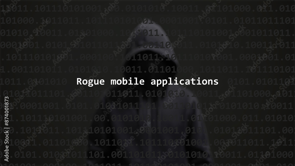 Cyber attack rogue mobile applications text in foreground screen, anonymous hacker hidden with ...